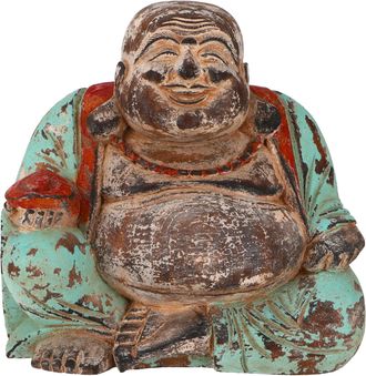 Guru Shop Lachender Holzbuddha, Buddha Statue, Handarbeit 21 cm, Antik Gr&uuml;n - Modell 17