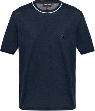 Giorgio Armani Homme, Tops, Bleu, Taille: M Pull ras du cou en lin et soie