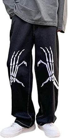 ORANDESIGNE Jeans Hip Hop Homme Jean Imprimé Coupe Droite Vintage Denim Pantalons Baggy Lâche Fit Jambe Droite Pantalon Rétro Streetwear ZB Noir XL