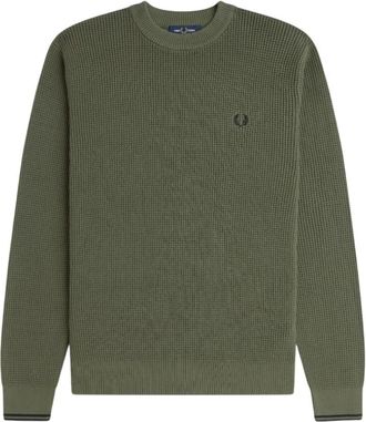 Fred Perry Homme, Pulls, Vert, Taille: XL Pull en coton vert à encolure ronde gaufrée