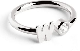 Singularu Personalisierter Letter Spark Ring. Sterlingsilber mit Rhodium-Beschichtung und Zirkonia. Schmuck für Damen. Buchstabe W