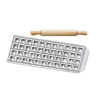 Imperia GOBEL | Form f&uuml;r 44 Raviolis + Rolle | Tiefgezogenes Aluminium + Basis aus Stahl emailliert + Gummif&uuml;&szlig;e | Hersteller Mini Quadrate Ravioli | K&uuml;chenwer