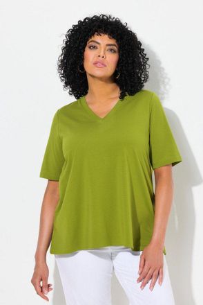 Ulla Popken T-Shirt T-Shirt Materialmix A-Linie V-Ausschnitt Halbarm