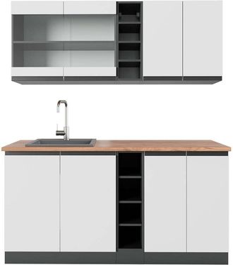 Vicco Singlek&uuml;che R-Line, K&uuml;chenzeile Single, Wei&szlig;/Anthrazit, 160 cm, AP Eiche