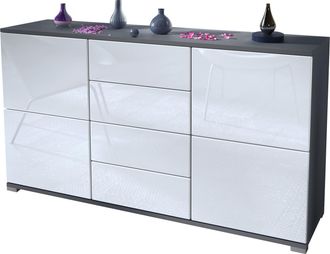 Vladon Sideboard Rova V1, Kommode mit 4 Türen und 4 Schubladen, Anthrazit matt/Weiß Hochglanz (138,5 x 75,5 x 35)