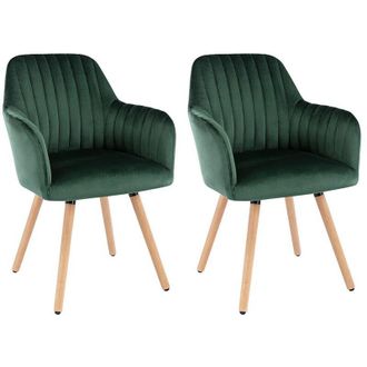 Vente-Unique Vente-unique - Lot de 2 chaises avec accoudoirs en velours et pieds bois de h&ecirc;tre - Vert fonc&eacute; - eleana