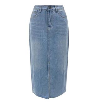 Generic Jupe longue en jean taille haute pour femme, ourlet effiloch&eacute;, fente sur le devant avec poches, robe d&eacute;t&eacute; boh&egrave;me, plage, vacances, essentiels pour fem
