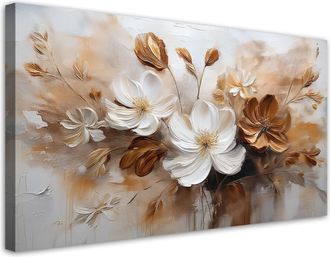 Feeby Leinwand Bilder - Bild Wohnzimmer - Weißbraun bemalte Wildblumen - 120x60 1tlg - Deko Schlafzimmer Groß - Dekoration Canvas - Gemälde - Modern Wandbil