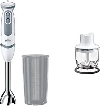 Braun Braun Stabmixer MQ 5200WH - MultiQuick 5 Vario Pürierstab mit Edelstahl Mixfuß, 1000 Watt, weiß/grau & Zerkleinerer Aufsatz MQ 30 - Stabmixer Zubehör 