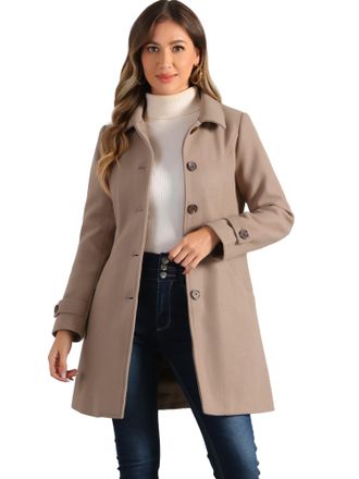Allegra K Damen Winter Oberbekleidung Mantel Peter Pan Kragen Mitte Oberschenkel A-Linie Einreiher Erbsenmantel, Taupe, Khaki, L