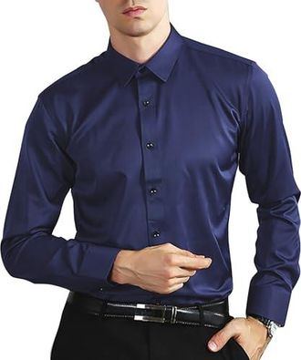 Generic Chemise en satin pour homme - Coupe ajust&eacute;e - Chemise de costume avec bouton Down - Chemise de travail avec col rabattu - Chemise de loisirs &eacute;l&eacute;gante 