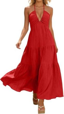 Generico Robe mi-longue d&eacute;t&eacute; d&eacute;contract&eacute;e en coton avec fines bretelles et col en V sans manches avec col dos nu et ourlet &agrave; volants, rouge, X-Large