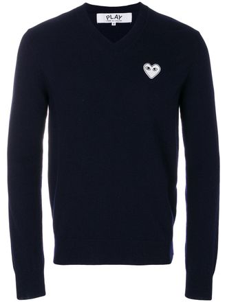 Comme Des Garçons pull à col v et patch logo - Bleu