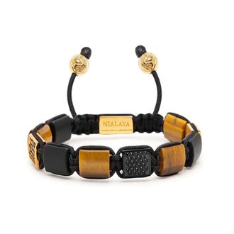 Nialaya Femme, Accessoires, Jaune, Taille: XS Womens Brown Tiger Eye and Black Onyx Flatbead Bracelet with Black CZ Diamonds and Black String
