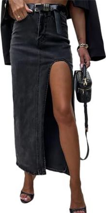 Onsoyours Femme Jeans Jupe Longue Taille Haute Jupe Décontractée Jupe Longue Jupe Crayon Extensible avec Poches Été Solide Mi-Longue Jupe D Noir S