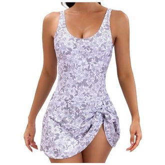 Generic Maillot De Bain Femme 1 Pieces Ventre Plat,Maillot De Bain Femme Sexy Push Up Maillot de Bain Jupette Col en V Rembourr&eacute; Swimwear avec Jupe &agrave; Cordon d