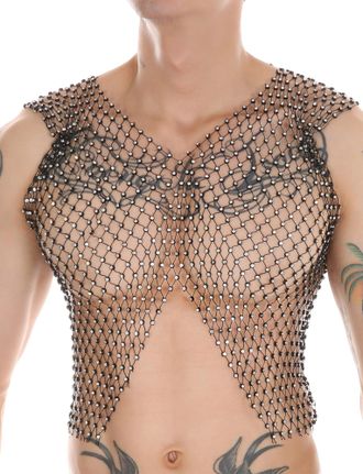 Feoya Mesh Crop Top Herren Strasssteine Netzhemd Glitzer &Auml;rmellose Transparent Oberteile Muskelshirt Crop Weste Schwarz S