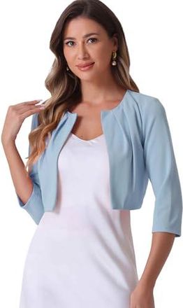 Allegra K Boléro en Mousseline Femme Blazer Court de Bureau à Haussement dÉpaules et à Manches 3/4 Cardigan Léger Court Plissé sans Col Bleu Clair L