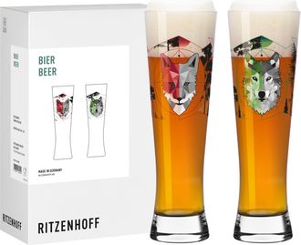 Ritzenhoff 8122001 Bierglas, 300 ml, 2er Set - Serie Jäger & Sammler - mit Motiv Wolf, Fuchs - mit Digitaldruck
