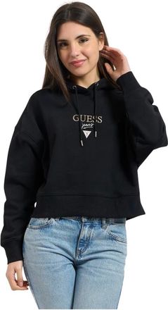 Guess Femme, Sweatshirts et sweats &agrave; capuche, Noir, Taille: 36 FR Sweat &agrave; Capuche Logo Brod&eacute;