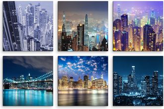 Paul Sinus Art 6 teilige Moderne Bilderserie je 20x20cm - New York Brooklyn Bridge Skyline Nacht