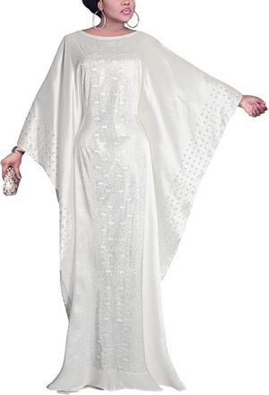 Hawaiian Dreams Afrikanische Kleider für Damen, modisches Kaftan-Maxikleid mit Perlen und Strasssteinen, Weiß - 87 (mit Innengürtel-Version), Einheitsgröße