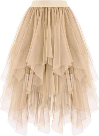 Generic Courte ligne A, taille haute &eacute;lastique, jupe midi, jupe superpos&eacute;e irr&eacute;guli&egrave;re, jupe dHalloween noire longueur genou, beige, XL