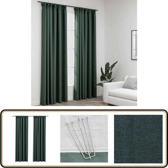 vidaXL Rideaux occultants aspect lin avec crochets 2pcs Vert 140x245cm - Rideaux Occultants - Rideaux Lin - Rideaux Verts - Décoration Intérieure - Intimité