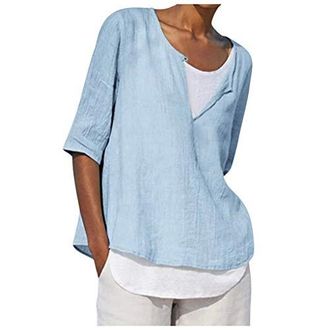 Generic T-shirt en coton pour femme - Coupe ample - Haut en lin &agrave; manches courtes et col en V - Manches 1/2 - &Eacute;paules tombantes - &Eacute;l&eacute;gante et l&eacute;g&egrave;re - Coupe d