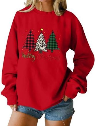 Generic Sweat-shirt de Noël pour femme avec imprimé arbre de Noël, pull amusant à manches longues, chandail imprimé de Noël de qualité supérieure, chandail à 