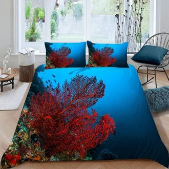 Generic Bettw&auml;sche 140x200 cm Koralle 3 Teilig Bettbezug 140 x 200 Blaues Meerwasser Bettw&auml;sche-Sets 3D Weiche Mikrofaser Bettbezug Set mit Rei&szlig;verschluss + 2