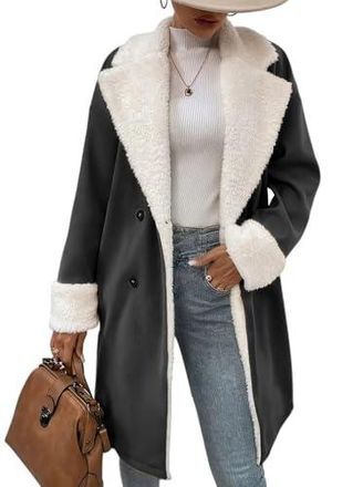 Minetom Femme Manteau Long Hiver Manches Longues Chaud Polaire Peluche Trench Coat &Eacute;l&eacute;gant Revers Veste avec Boutons A Gris XXL