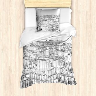 Abakuhaus Paris Bettbezug Set für Einzelbetten, Dächer in Paris und Eiffel, Weicher Microfaserstoff Allegigeignet kein Verblassen,Schwarz und weiß