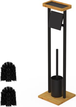 Relaxdays WC-Garnitur, Ablage, freistehend, HBT: 73,5x20x20 cm, 2 Ersatzbürsten, Rollenhalter & WC-Bürste, schwarz/Natur