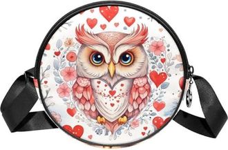 Generic Sac &agrave; bandouli&egrave;re rond pour femme, motif chouette, coeurs, petit sac &agrave; bandouli&egrave;re avec fermeture &eacute;clair, bretelles r&eacute;glables, sac &agrave; main rond d&eacute;contr