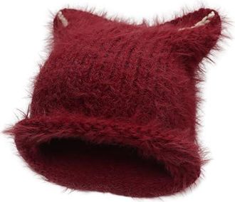 ZLYC Bonnet en Crochet pour Femme avec Oreilles de Chat - Bonnet Mignon Vintage Grunge Pelucheux, Bordeaux uni, Taille Unique