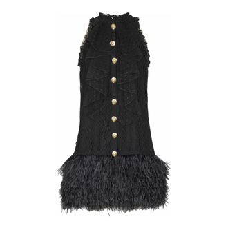 Balmain Flie&szlig;endes Kleid mit Spitze und Federn - - Dresses - Damen - Schwarzk - S