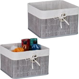 Relaxdays Aufbewahrungskorb 2er Set, Bambus, Stoffeinsatz, HBT: 20x31x31 cm, Körbchen Griffloch, Regalkorb, grau/weiß