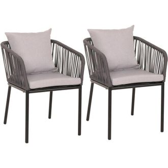 Hhg Neuwertig] 2er-Set Gartenstuhl HHG 616, Outdoor Armlehne, wetterfest Aluminium Seilgeflecht Rope anthrazit Kissen grau