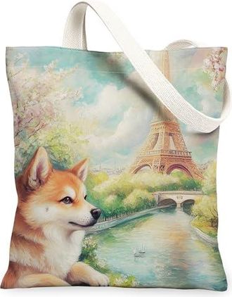 Generic Sac fourre-tout en toile motif chien Shiba Inu de printemps 33 x 38 cm, tour romantique, sac d&eacute;picerie r&eacute;utilisable pour femme, animal de compagnie, m