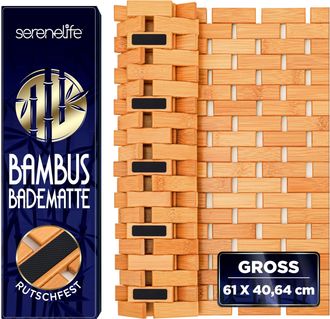 SereneLife Bambusmatte, 40x60cm Badematte Holz, Antirutschmatte Dusche- Schimmelresistent, Bambusteppich Rollbar, für Bad, Spa, Sauna, Küche & Terasse, Badvorleg