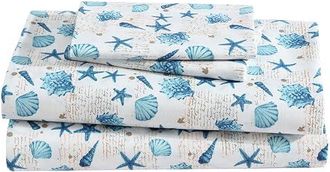 Beatrice Home Fashions Mikrofaser-Bettwäsche-Set mit Küstenmuster, weich, bequem, 30,5 cm Tiefe Taschen, Queensize, Muschelnoten