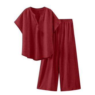 Generic Ensemble de v&ecirc;tements de d&eacute;tente pour femme 2 pi&egrave;ces pour femme - Tenue d&eacute;t&eacute; sans manches &agrave; col carr&eacute; - Pantalon court &agrave; jambes larges - Tenues de d&eacute;t