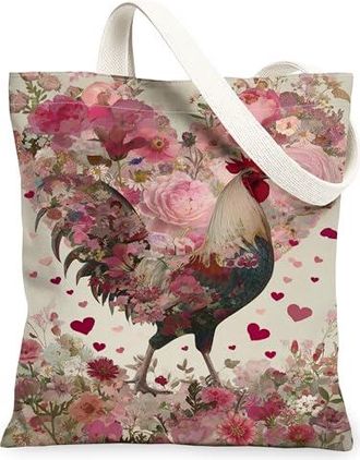 Generic Sacs fourre-tout en toile &agrave; motif floral de coq, sacs d&eacute;picerie r&eacute;utilisables, l&eacute;gers et lavables avec bandouli&egrave;re pour voyage, p&ecirc;che, 13x15 Inch