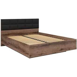 PEGANE Lit coffre 180x200 avec t&ecirc;te de lit rembourr&eacute;e noir, sommier et rangement,coloris Ch&ecirc;ne marron fonc&eacute; - Longueur 206 x Profondeur 185 x Hauteur