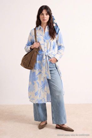 Trendyol Modest Damen Blau Gebl&uuml;mt Lang Oversize Modest Hemden