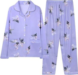 Generic Ensemble de pyjama pour femme, pyjama en flanelle de coton pour femme, coupe ample, manches longues, col en V, boutonn&eacute;, v&ecirc;tements de nuit 2 pi&egrave;ces av