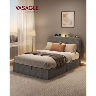 Vasagle Lit Coffre 140 x 190 cm, Lit Double, Cadre de Lit, Sommier Relevable, avec Rangement, Éclairage LED, Ports de Charge, Tête de Lit, Style Moderne