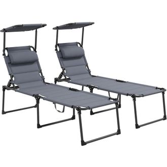 OUTSUNNY Lot de 2 bains de soleil transats pliables r&eacute;glables avec pare-soleil gris