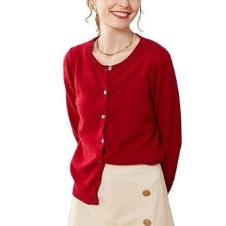 Dissa Valin Gilet Cachemire 95% Femme Col Rond Rouge Solide Couleur Tricot&eacute; en Vrac Manches Longues Fin Cardigan en Cachemire et Laine,40,SPR1201